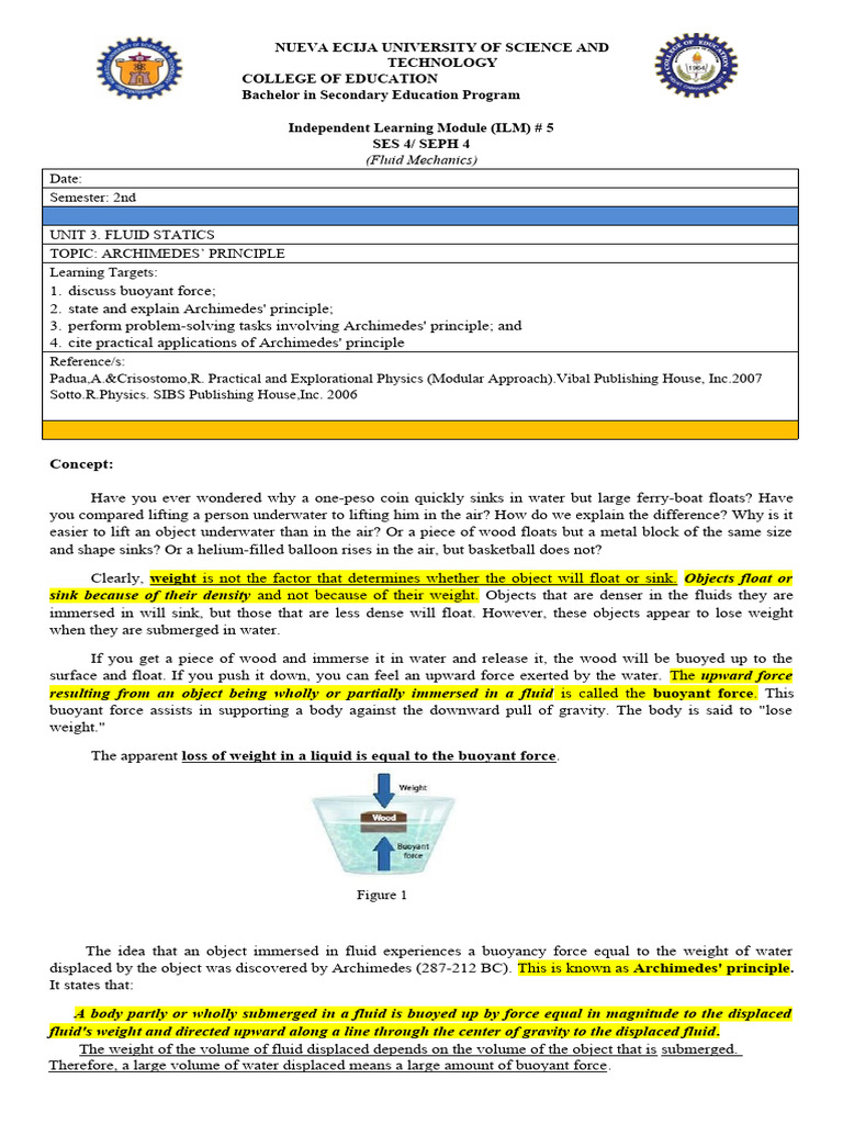 ILM 5 Archimedes Principle | PDF | Buoyancy | Weight