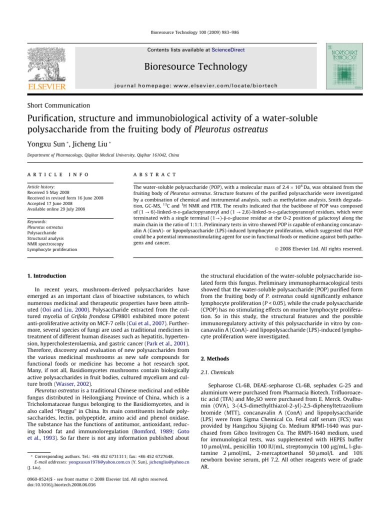 Pleurotus Ostreatus Polysaccharide Study | PDF | Polysaccharide | Chemistry