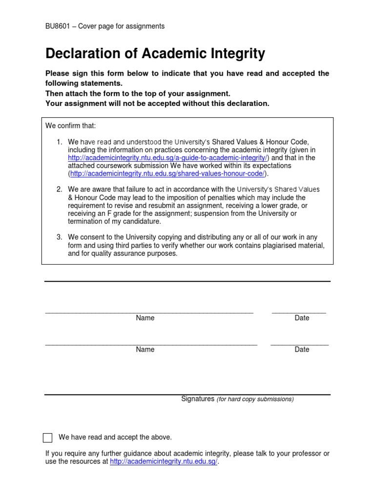 NTU Academic Integrity Declaration Form | PDF