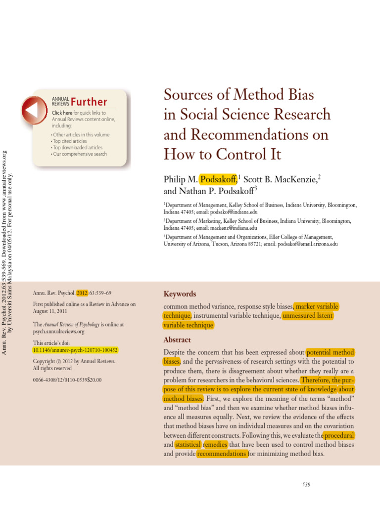 (Podsakoff Et Al. 2012) - Common Method Bias in Social Science Research | PDF | Validity ...