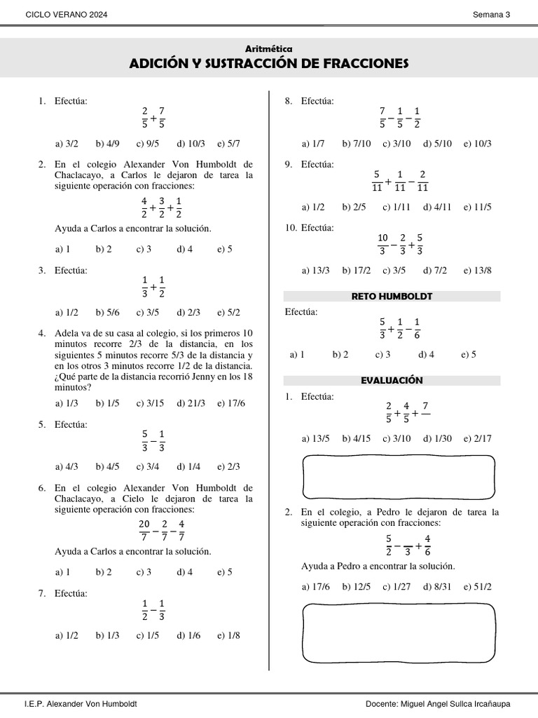 S3 - AR - Adición y Sustracción de Fracciones (ESTUDIANTE) | PDF ...