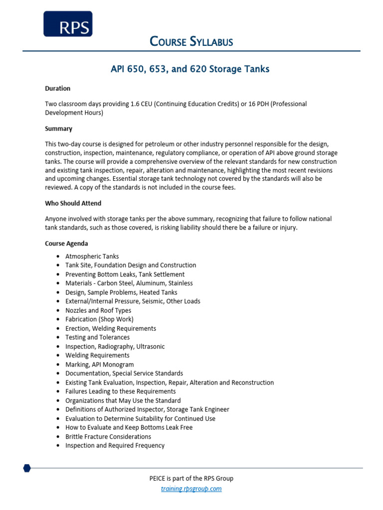 API 650, 653, and 620 Storage Tanks - Program | PDF