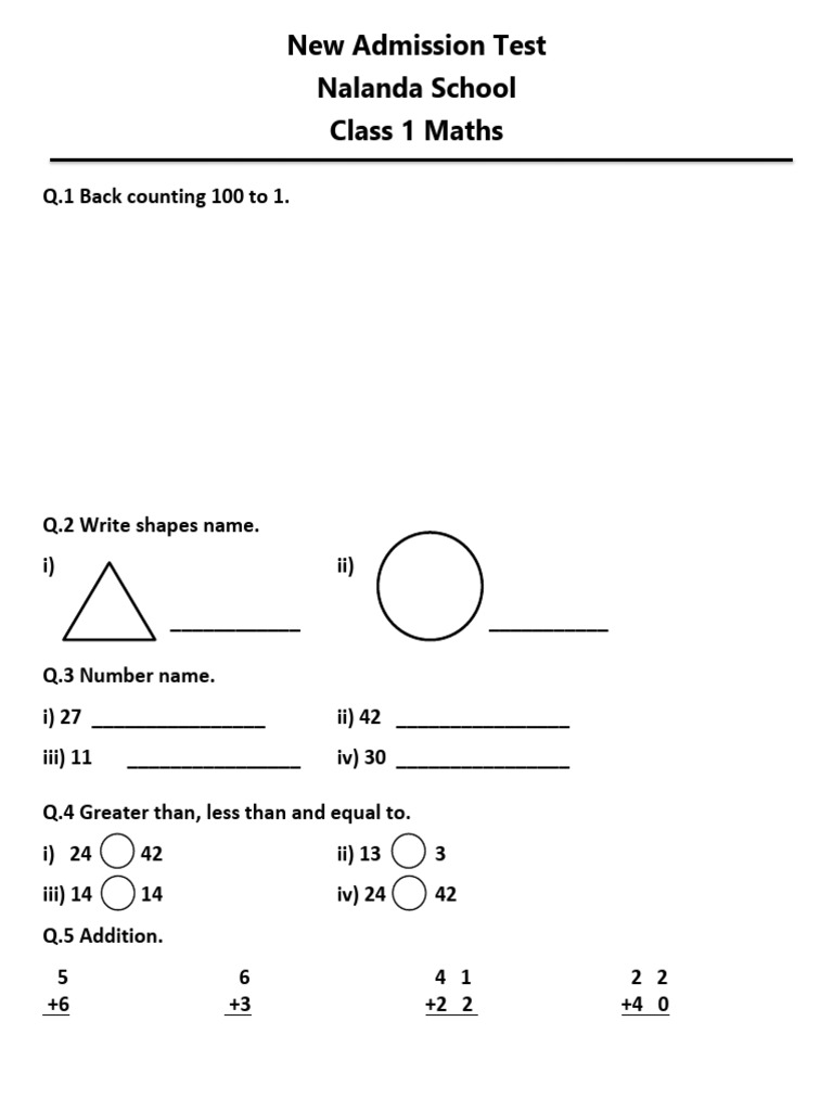 Adm. Test Class 1 Maths | PDF
