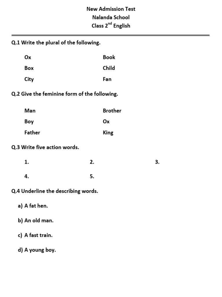 Adm. Test Class 2 English | PDF