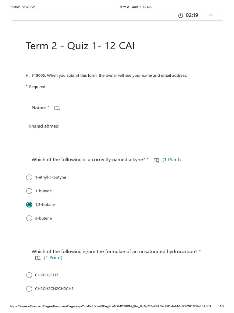 Term 2 - Quiz 1 - 12 CAI | Download Free PDF | Alkene | Chemical Bond