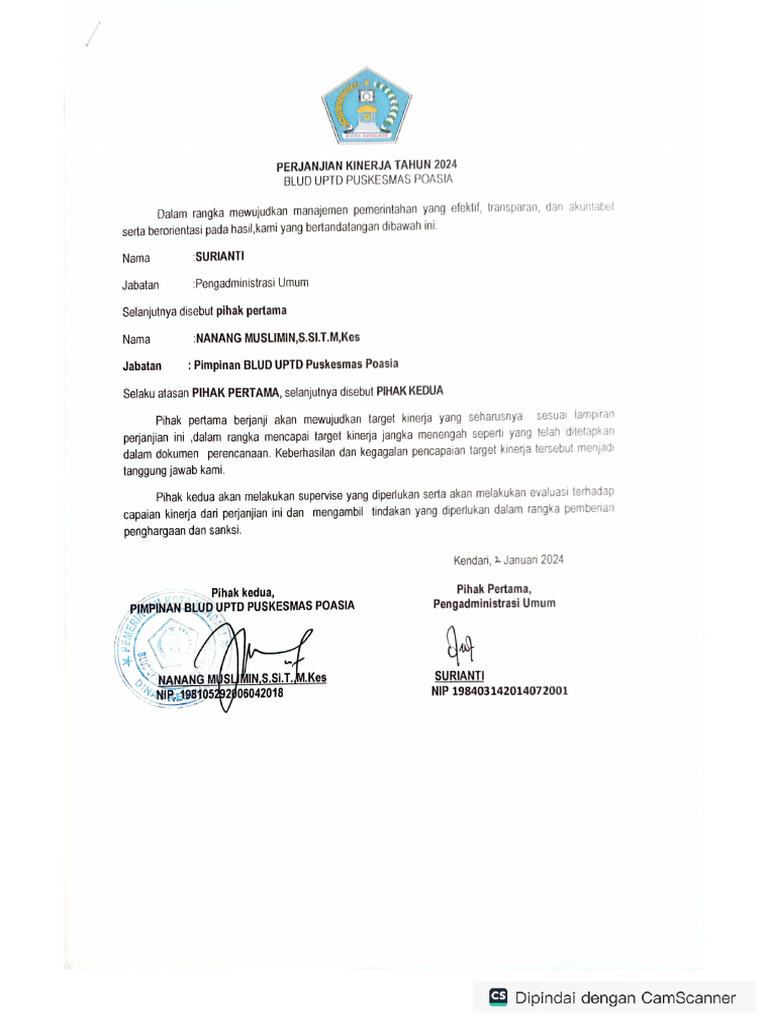 Perjanjian Kinerja Surianti - Surianti Amk | PDF