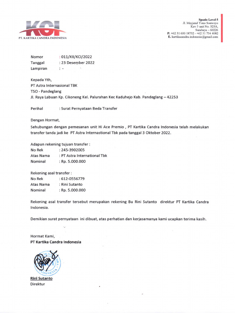 surat pernyataan beda transfer | PDF