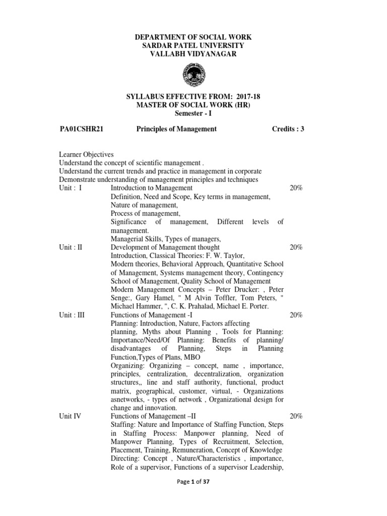 20 MSW - HR - Syllabus-I | PDF | Social Structure | Behavior