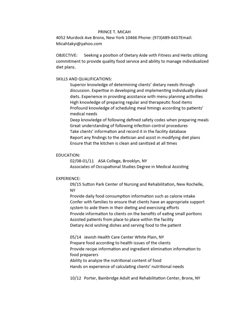 Dietary Aid Resume Prince | PDF | Dietitian | Health Care