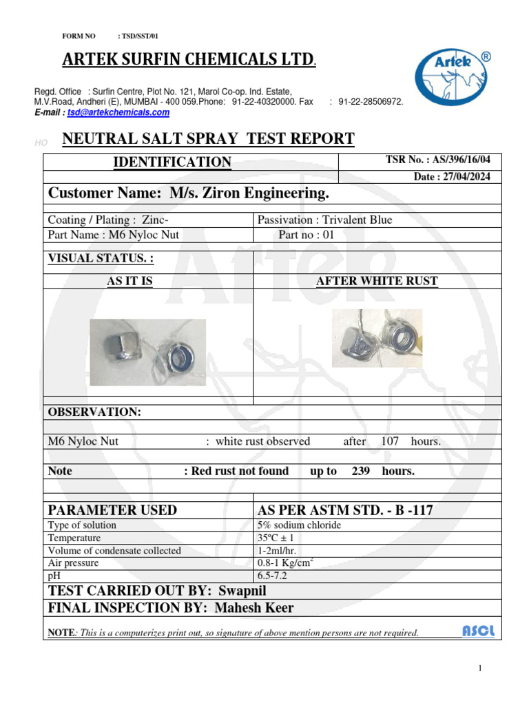 Artek Surfin Chemicals LTD: Neutral Salt Spray Test Report | Download ...