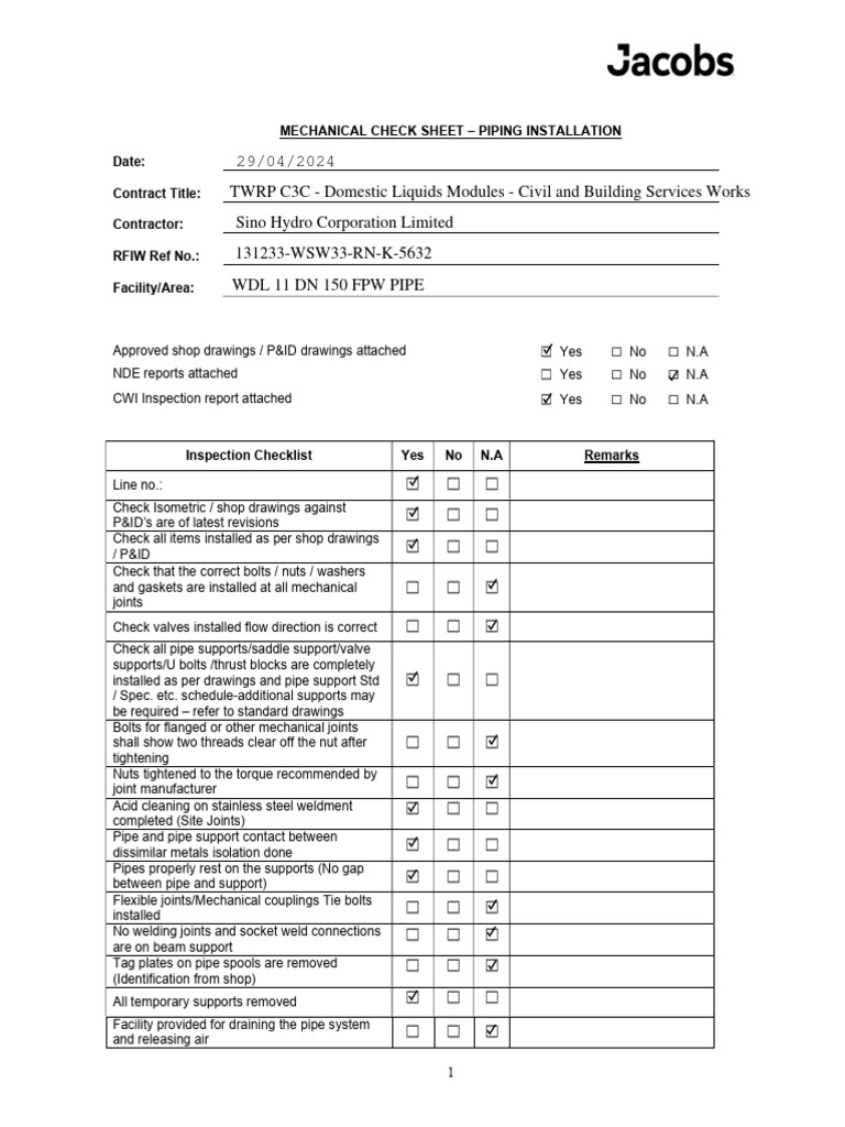 Piping Installation Quality Checklist | PDF | Pipe (Fluid Conveyance ...