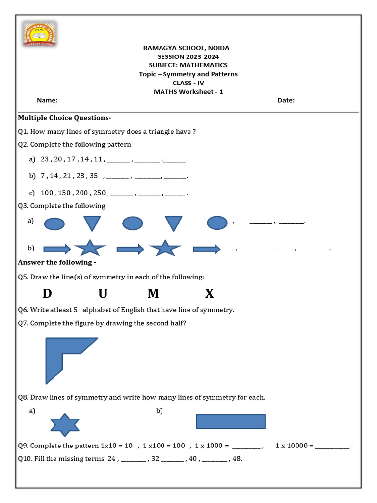 Worksheet 1 Grade 4 - CH 7 Patterns and Symmetry | PDF | Teaching Methods & Materials