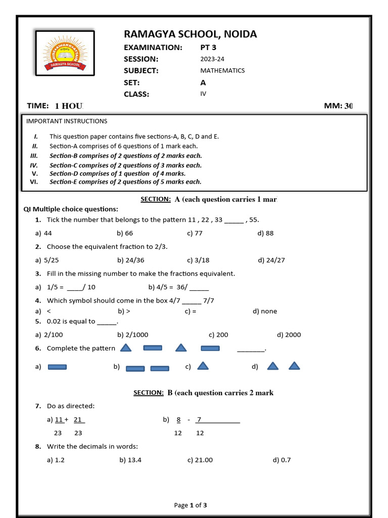 QP Class 4 PT 3 Set A 2023-24 | PDF | Numbers | Decimal