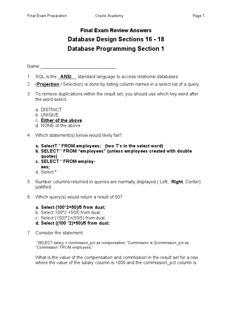 Final Exam Review: SQL Concepts | PDF | Computers