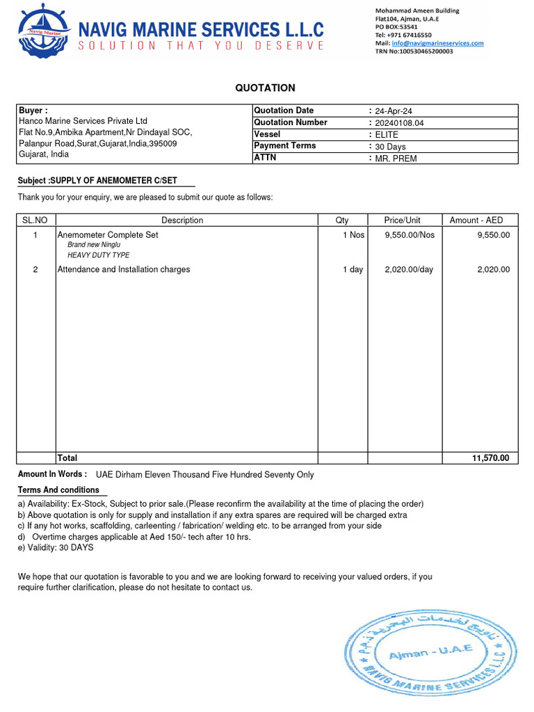 Quotation For Vessel - ELITE 2024010804 234 - 240424 - 105715 | PDF