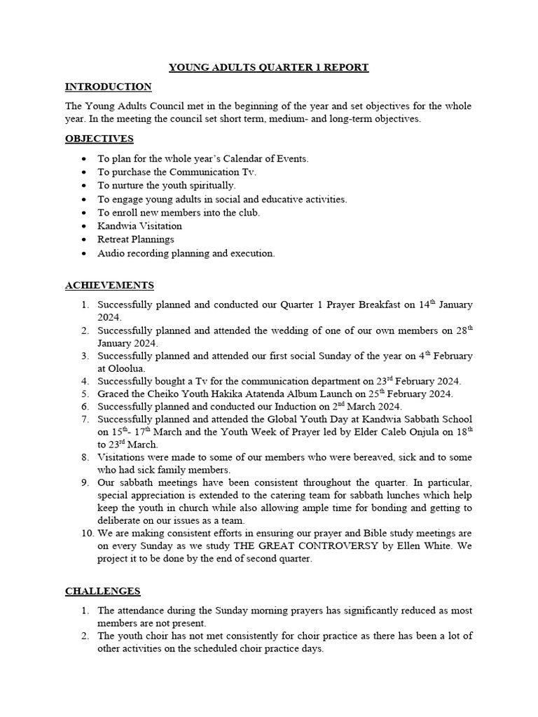 Young Adults Quarter 1 Report | PDF | Sabbath