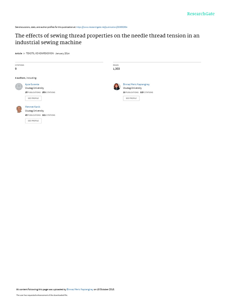 The Effects of Sewing Thread Properties On The Needle Thread Tension in ...