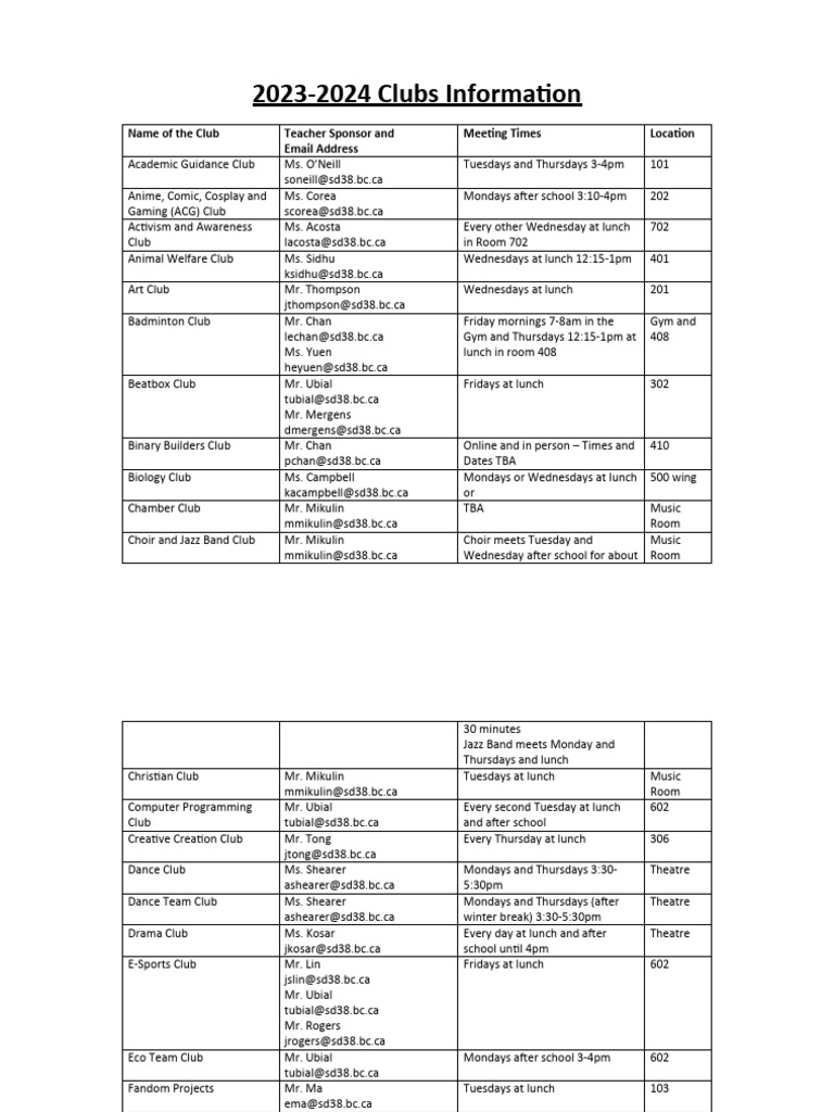 Clubs Information For SLSS Website 2023-2024 - 0 | PDF | Entertainment