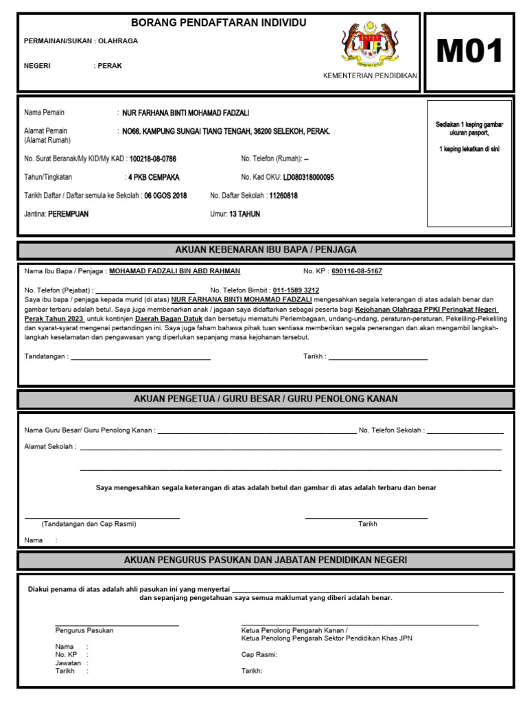 Borang Pendaftaran M01 Terkini - Pendidikan Khas | PDF
