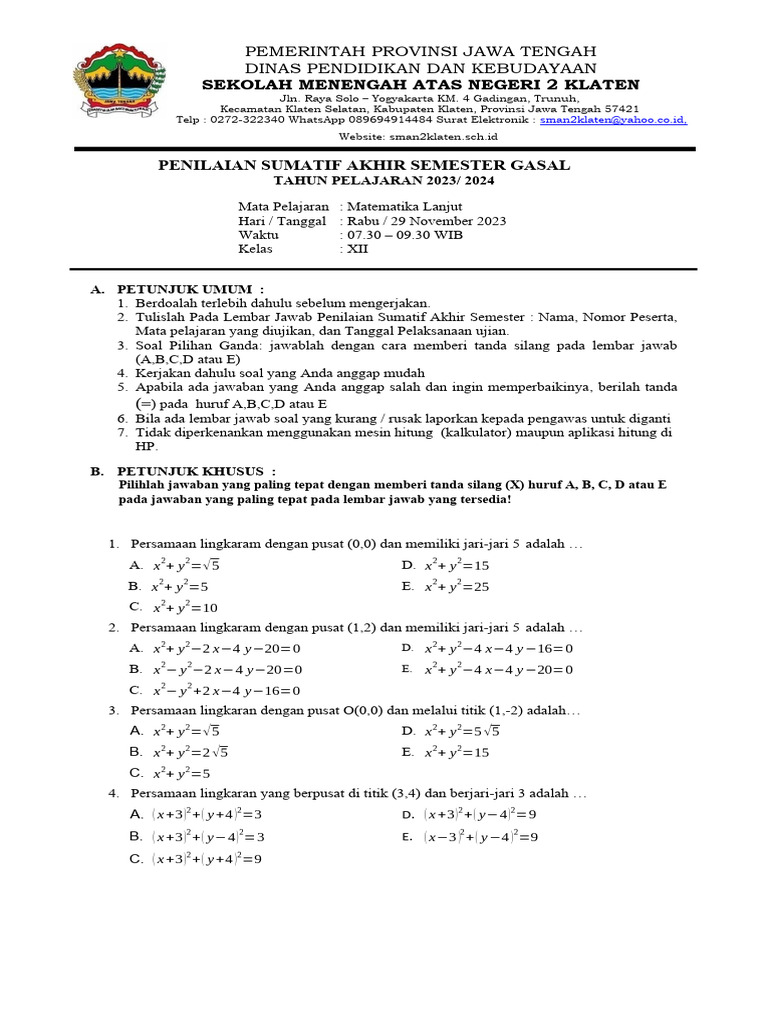Soal PSAS Math Lanjut Kelas 12 Ganjil | PDF