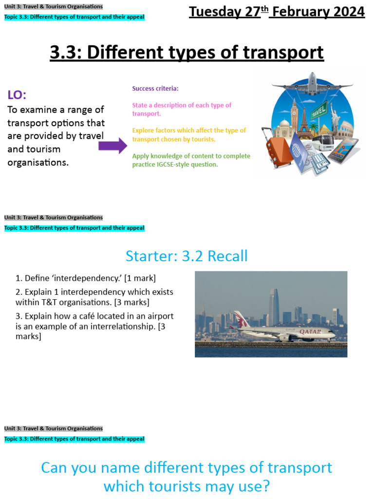 Y10 T&T 3.3 Transport Types | PDF | Tourism | Transport