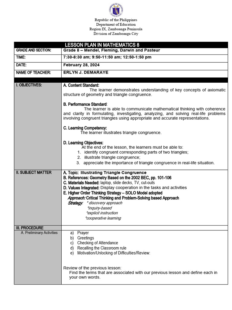 Lesso Plan Integrating SOLO For Observation | PDF | Cognition ...