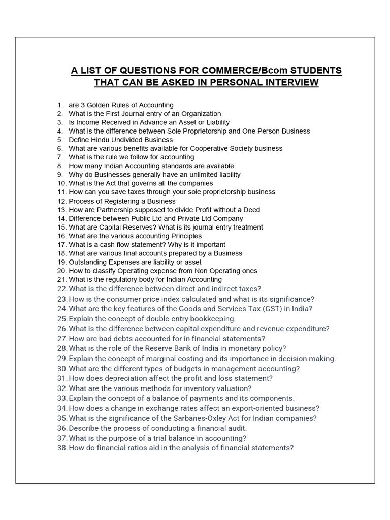 List of PI Questions For Bcom Students | PDF | Expense | Business