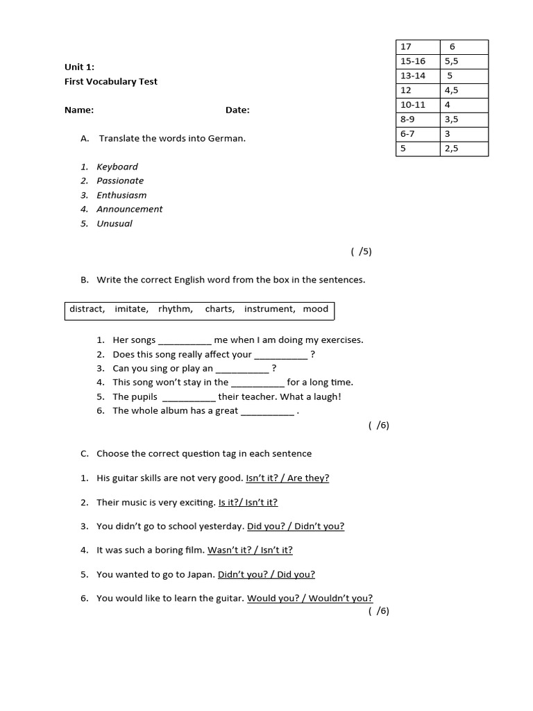 Vocabulary Test: German & English Skills | PDF