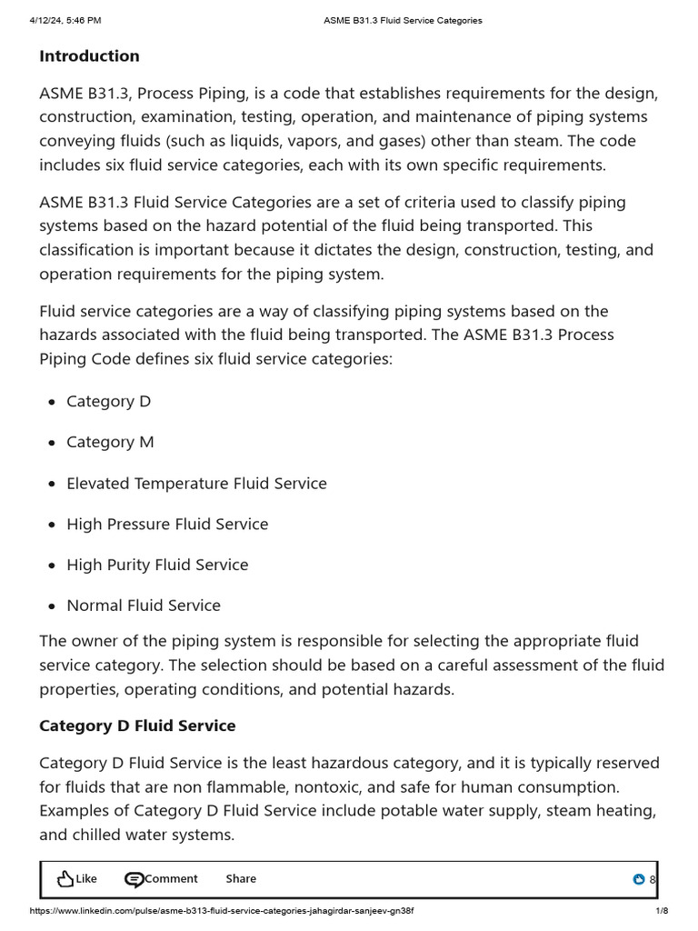 ASME B31.3 Fluid Service Categories | PDF | Water | Natural Gas