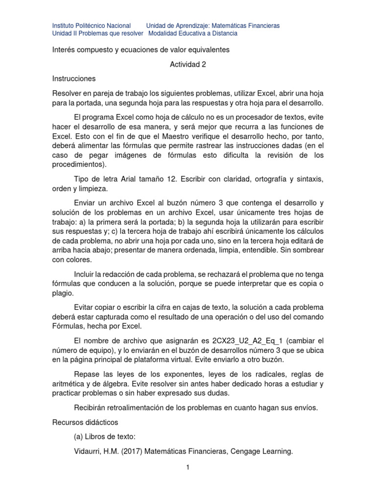 Instituto Politécnico Nacional Unidad de Aprendizaje: Matemáticas Financieras Unidad II ...