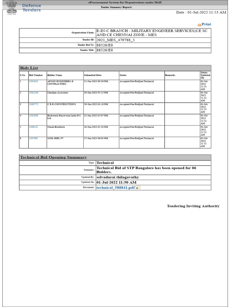 MoD eProcurement Tender Summary Report | PDF | Procurement | Supply ...