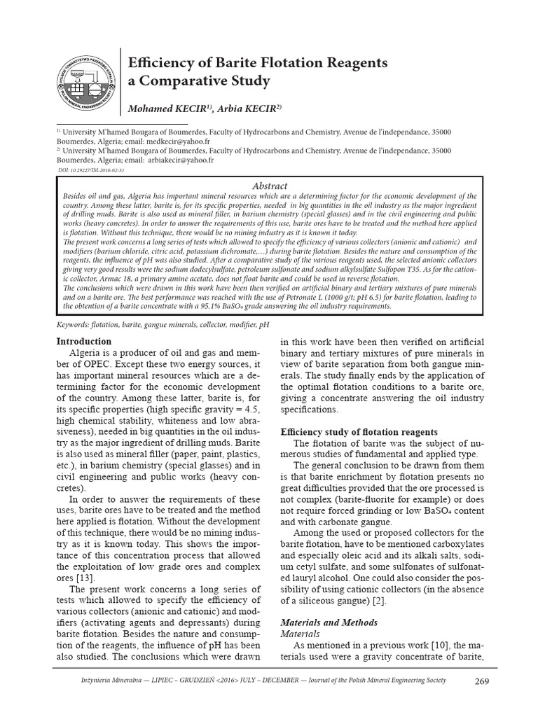 Efficiency of Barite Flotation Reagents - KECIR | PDF | Acid | Minerals