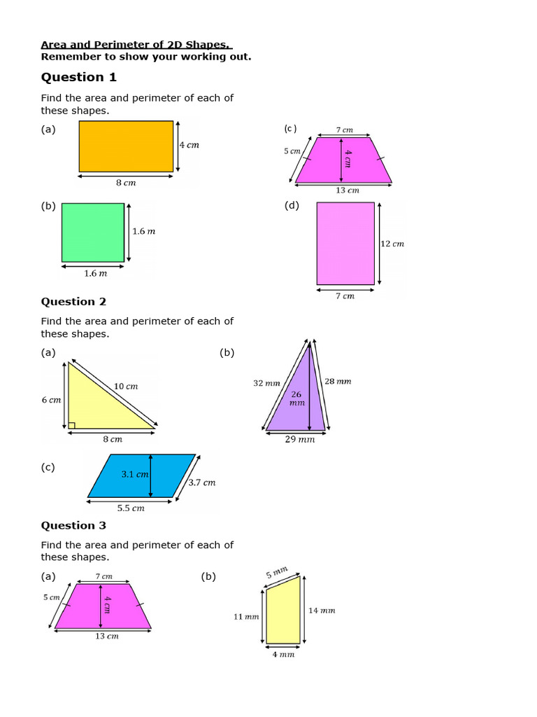 Area & Perimeter of 2D Shapes Guide | PDF