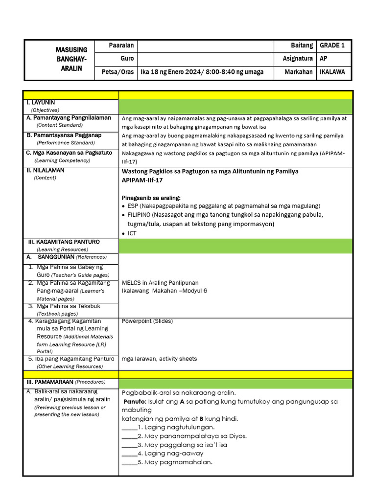 Q2 - COT - AP1 Wastong Pagkilos Sa Pagtugon Sa Mga Alituntunin NG Pamilya | PDF