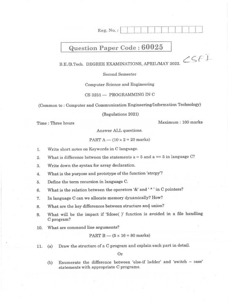 CSE-AM-2022-CS 3251-Programming in C | PDF