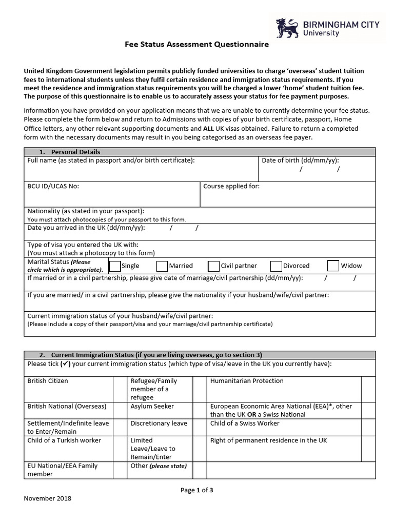 Fee Status Questionnaire Nov 2018form 131955597277419796 | PDF | Travel ...