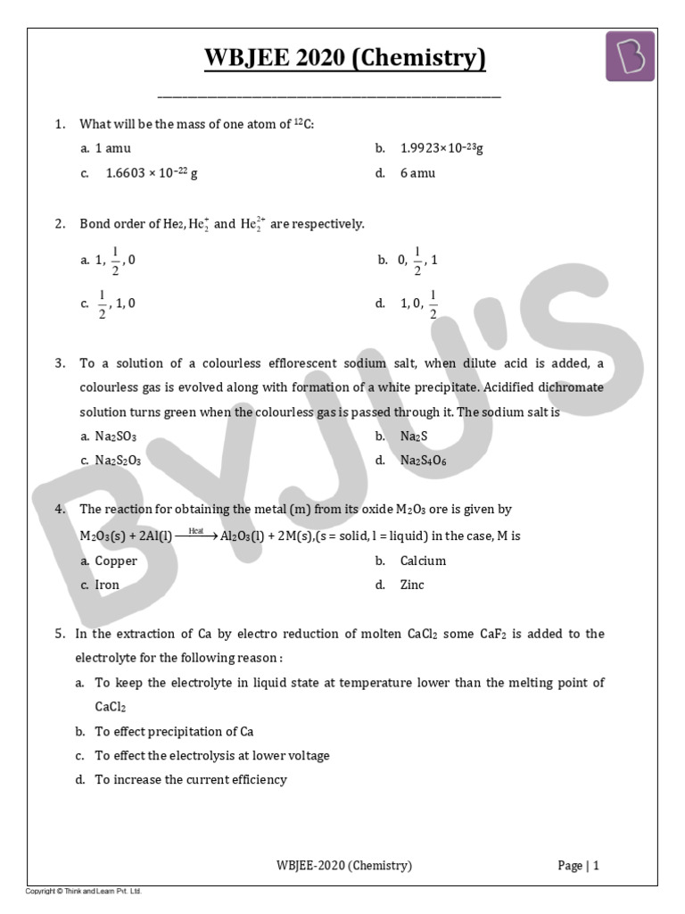 WBJEE 2020 Chemistry Question Paper | PDF | Carboxylic Acid | Concentration