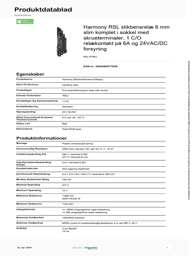 Schneider Electric Harmony-Elektromekaniske-Relæer RSL1PVBU | PDF