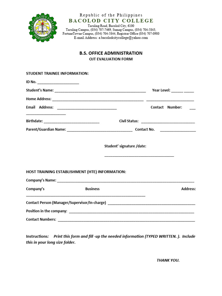 OJT Evaluation Form for Students | PDF