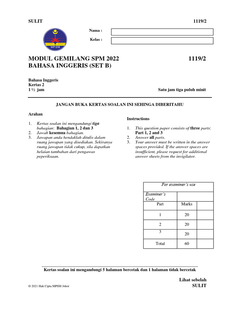 Soalan - Kertas 2 (Writing) Set B | PDF