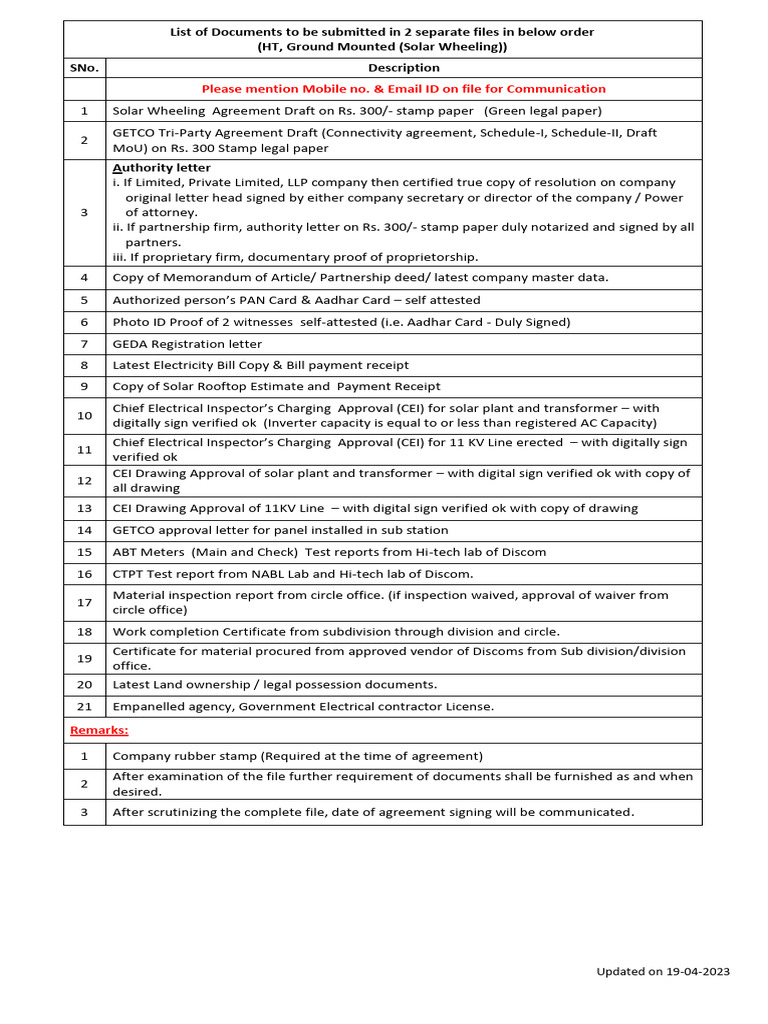 List of Documents For - HT Solar Wheeling Agreement | PDF List of Documents For - HT Solar Wheeling Agreement | PDF