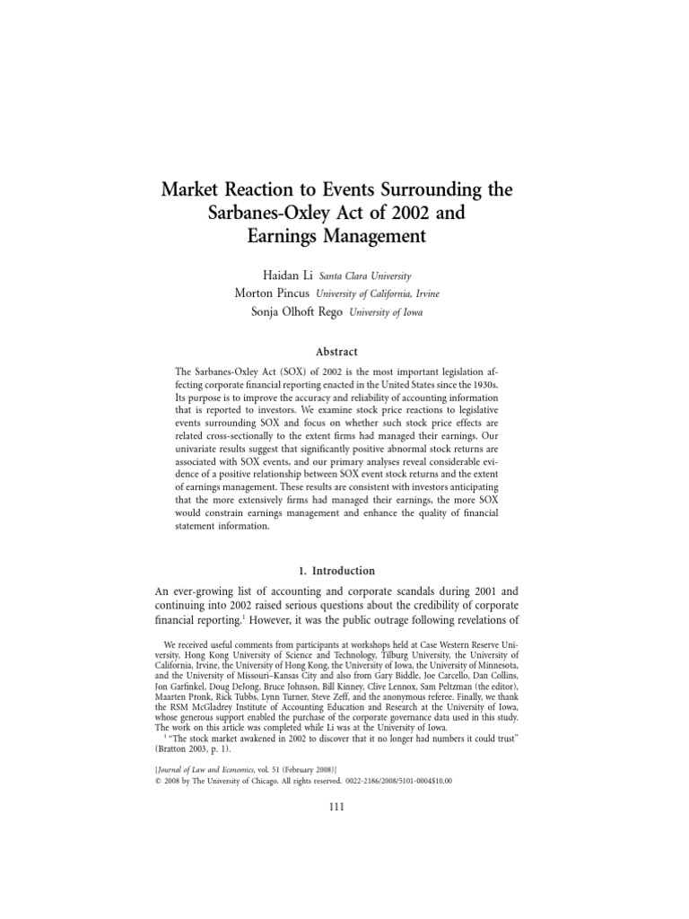 SOX Act Impact on Stock Prices and Earnings | PDF | Sarbanes–Oxley Act ...