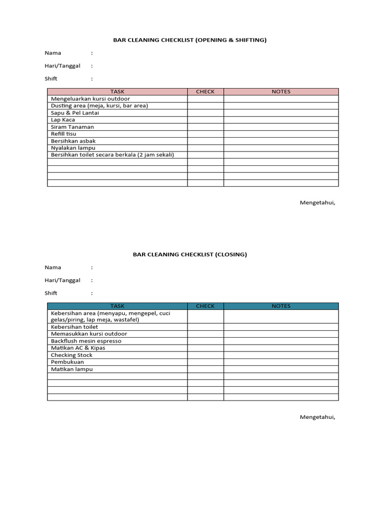 Bar Cleaning Checklist | PDF