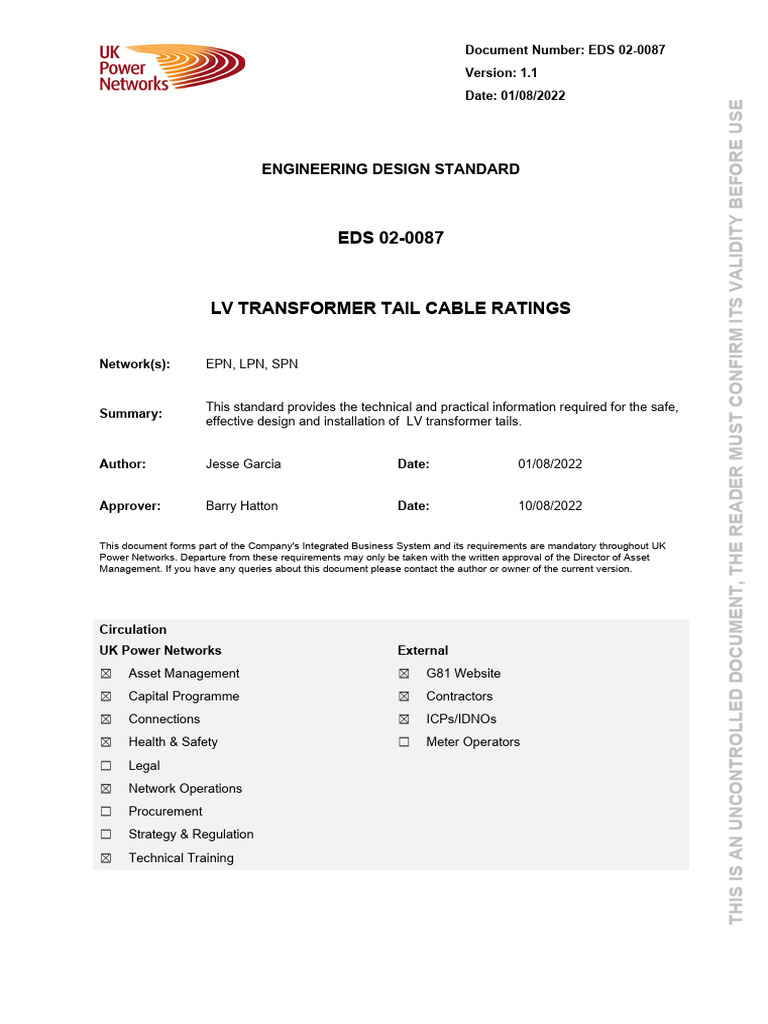 LV Transformer Tail Cable Standards | PDF | Electrical Resistance And ...