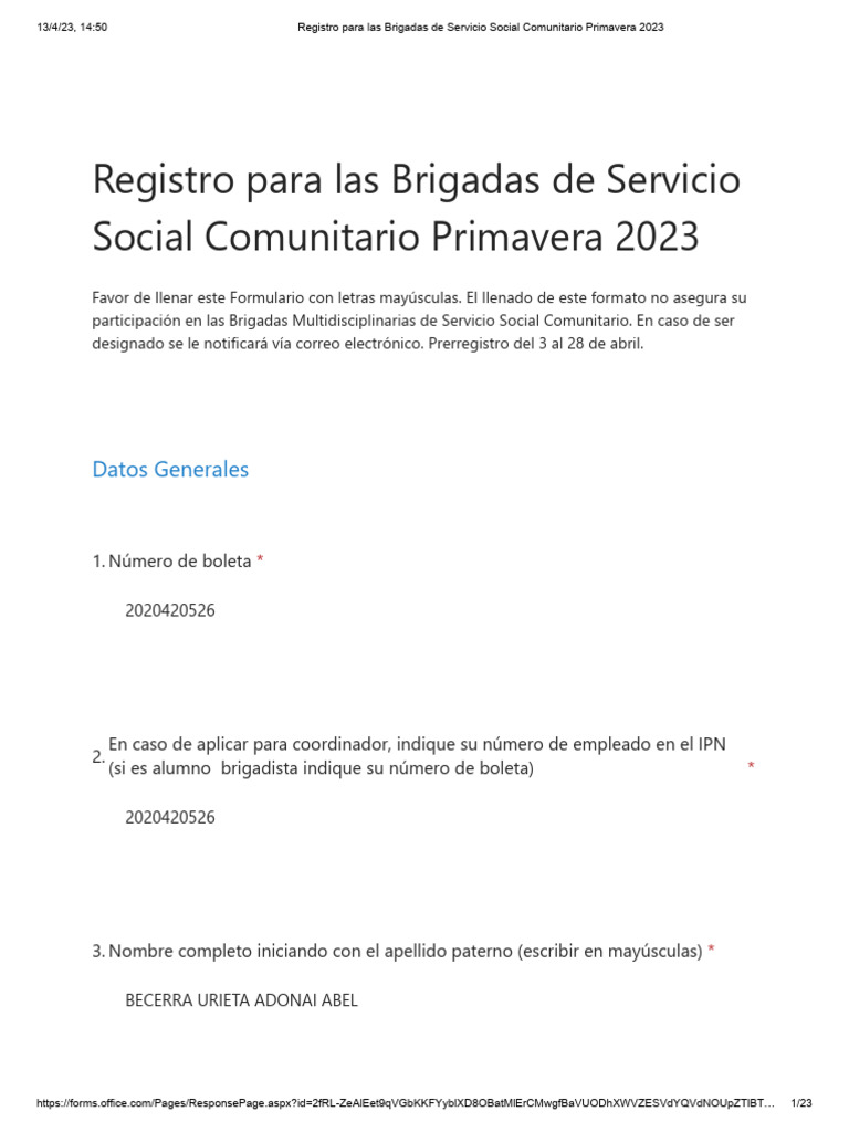 Registro para Las Brigadas de Servicio Social Comunitario Primavera 2023 | PDF | Ingeniería ...