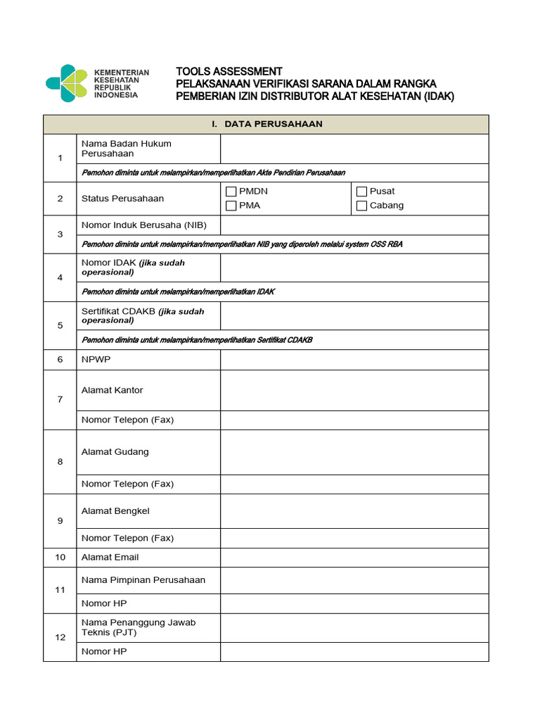 Form Verifikasi Lapangan Persetujuan Izin Distributor Alat Kesehatan ...