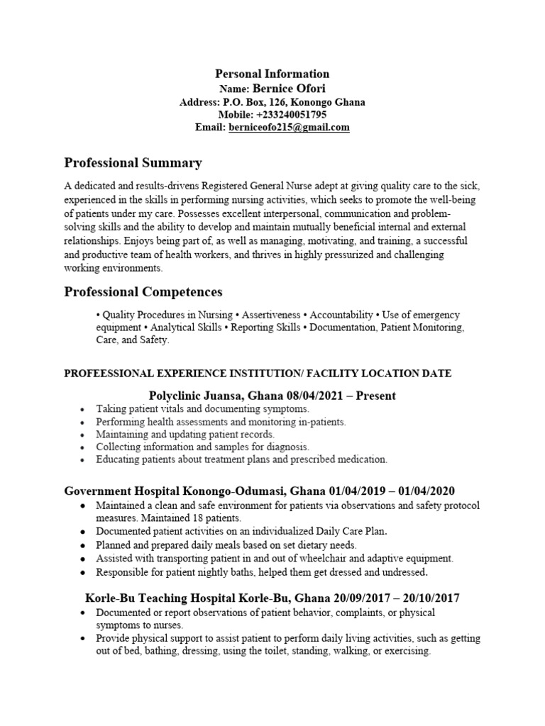 BERNICE - CV RESUME (AutoRecovered) | PDF | Patient | Nursing
