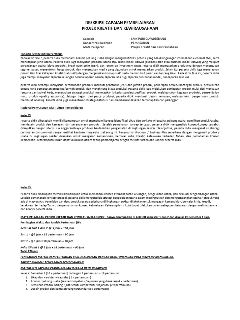 Deskripsi Penjabaran CP PKK 2022 (1) Pemasaran | PDF