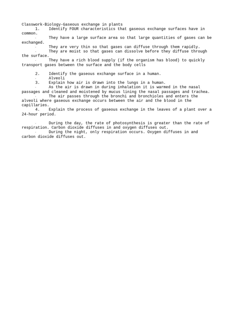 Bio Classwork - Gaseous Exchange in Plants and Animals | PDF