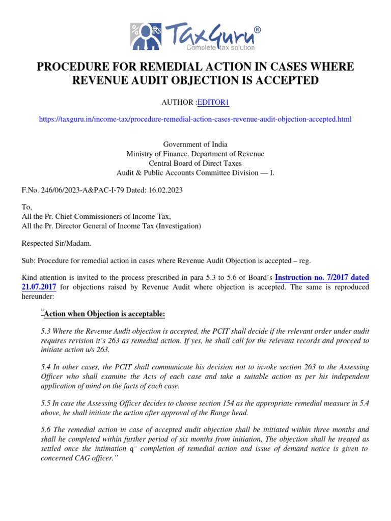 Remedial Action for Accepted Audit Objections | PDF | Audit | Taxes